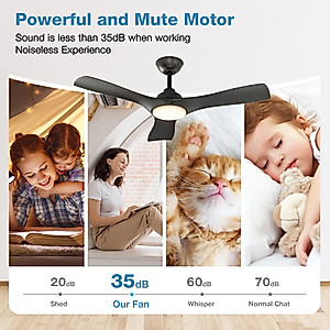 warmiplanet Ceiling Fan with Lights Remote Control, 42-Inch, DC Motor, 6 Speed, Dimmable LED Light, Black, 3-Blades