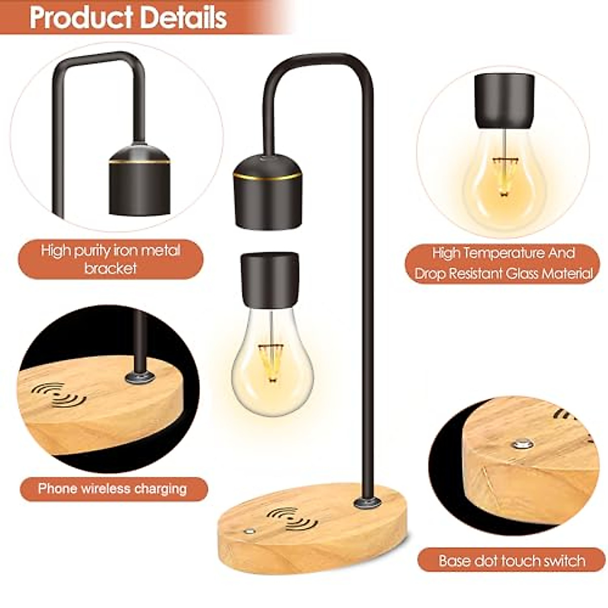 Floatidea Magnetic Levitating Light Bulb Levitation Real Wood Black Floating Desk Lamp LED Night Lights with Luxury Wireless Charging Pad (Apple/Android) for Christmas Gift