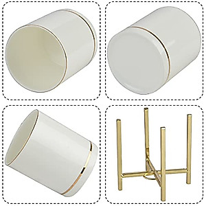 Pen Pencil Holder for Desk, Ceramic Desk Decor Organizer for Womens Girls, Durable Ceramic Pencil Cup Holder, 3.35" x 3.82" Makeup Cups for Brushes, Cup Painted with Gold Trims, Gold Bracket, 1 Pcs