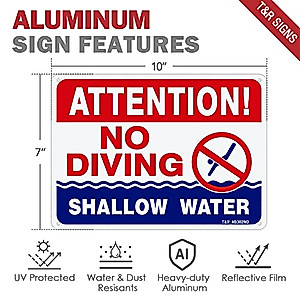 T&R No Diving Sign Shallow Water - 2 Pack - 10"x7" .040 Rust Free Heavy Aluminum, Reflective, Waterproof, Weatherproof and Fade Resistant, 4 pre-drilled holes, Easy to Mount