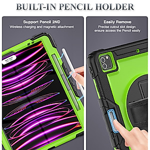 SEYMAC stock Case for iPad Pro 12.9'' 2022/2021/2020/2018 with Screen Protector 360 Rotating Stand Hand Strap, Drop-Proof Case for iPad Pro 12.9''(6th/5th/4th/3rd Generation), Green/Black