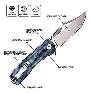 Petrified fish PFP03 Victor,3.58" K110 Satin Blade,140g Micarta Handel Flipper Liner lock Folding knife (Blue Satin)