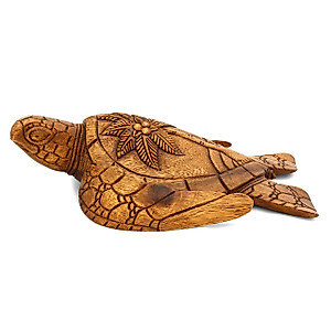 G6 Collection 12" Long Wooden Hand Carved Turtle Tortoise Statue Figurine Sculpture Handcrafted Handmade Decorative Home Decor Accent Rustic Seaside Tropical Nautical Ocean Coastal Decoration
