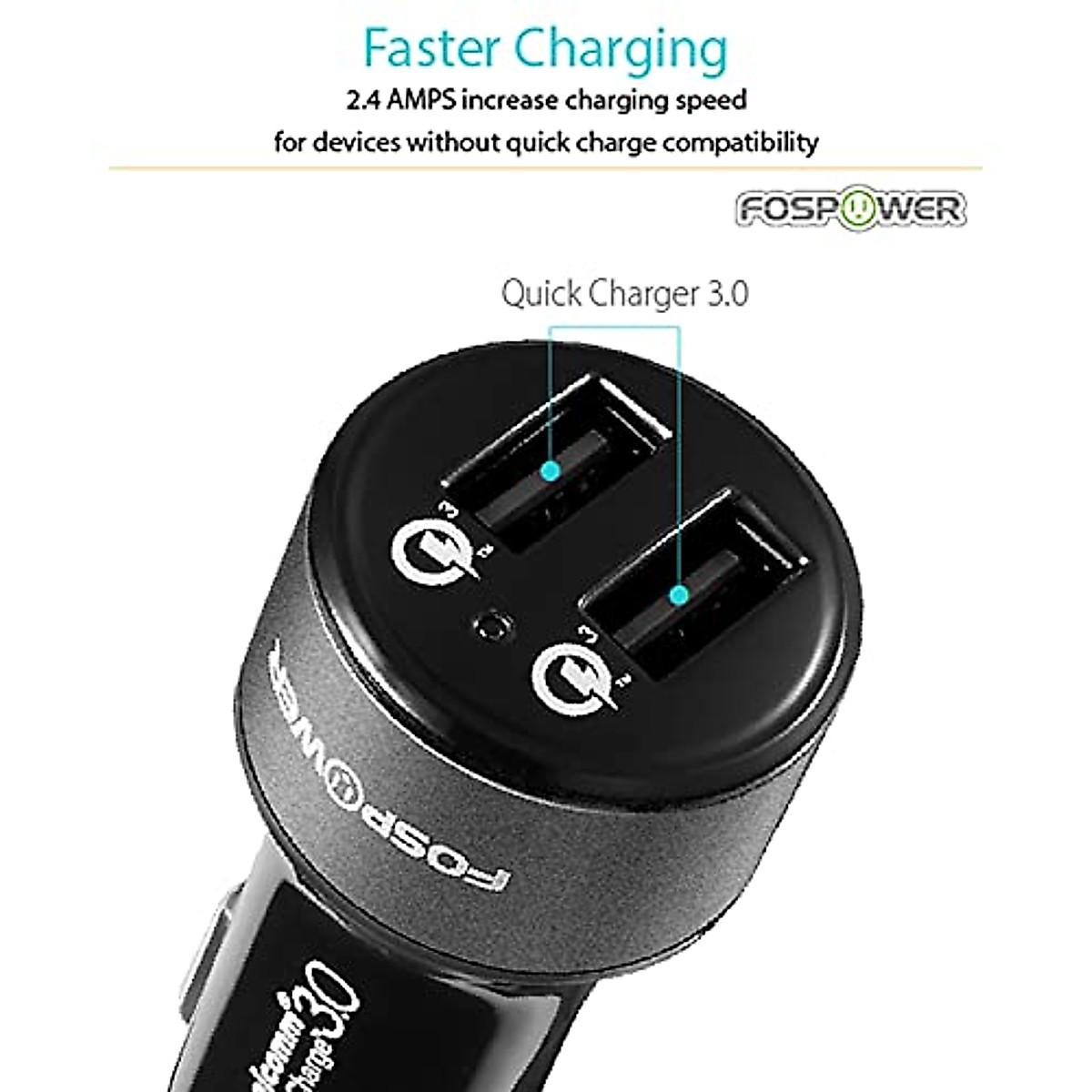 FosPower USB Car Charger UL Listed 36W Fast Charging Qualcomm 3.0 Quick Charge Dual USB Smart Ports with LED Light Compatible with iPhone 14 Pro Max, Google Pixel 6, Samsung Galaxy S22, and More