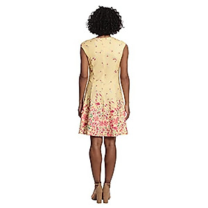 London Times Women's Floral Border Cap Sleeve Fit & Flare Dress, Yellow/Spiced Coral, 4