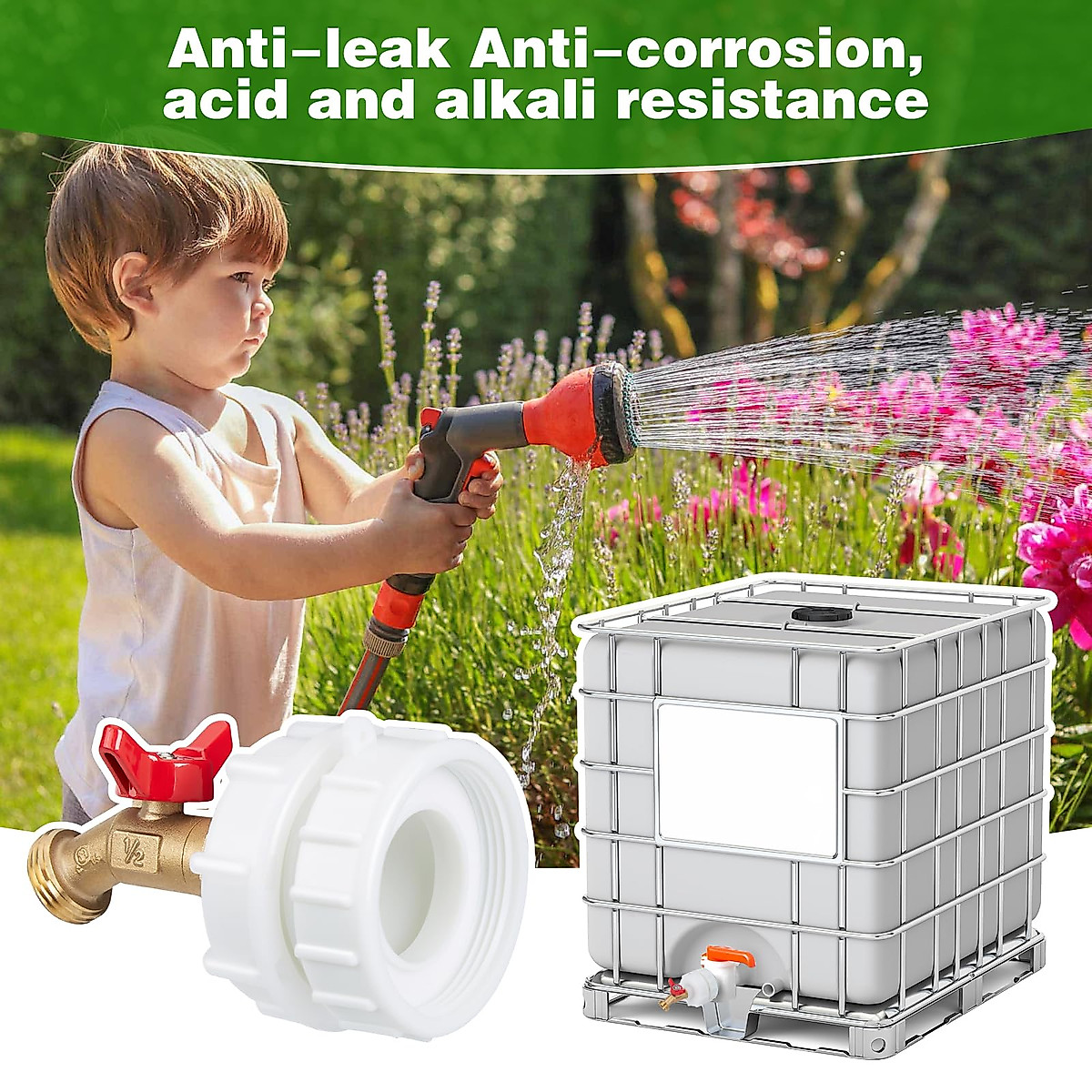 WADEO IBC Tote Adapter, 2.44" Fine Thread Adapter for 275-330 Gallon IBC Tote Tank, Brass Water Shut-Off Valve Faucet (1/2" Male NPT Inlet ×3/4" GHT Outlet) - with Garden Hose Quick Connector, White