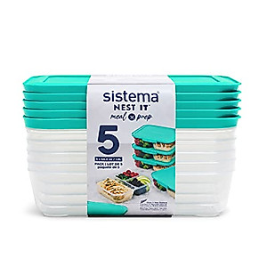 Sistema Nest It Meal Prep Food Storage Containers with Lids, 3 Compartments, 5-Pack, Teal
