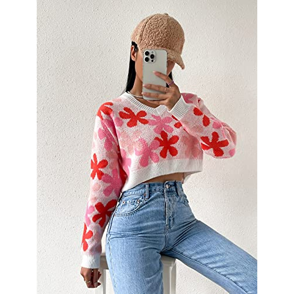 Floerns Women's Casual Rib Knit Long Sleeve V Neck Floral Pattern Drop Shoulder Crop Sweater Top Pink S