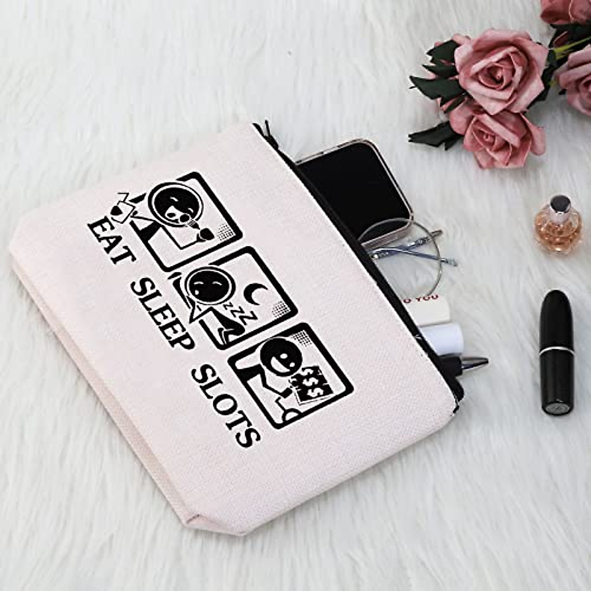 G2TUP Gambler Gift Casino Lover Gift Eat Sleep Slots Makeup Bag Slot Machine Casino Gambling Accessories Pouch Gambling Gift Slot Machine Themed Cosmetic Bag (Eat Sleep Slots White Bag)