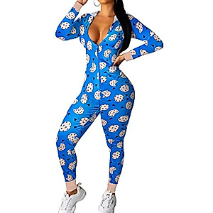 Ekouaer Christmas Onesie Women Sexy Pajamas Zipper Halloween One Piece Bodycon Outfit Jumpsuit Costume Biscuit Print S