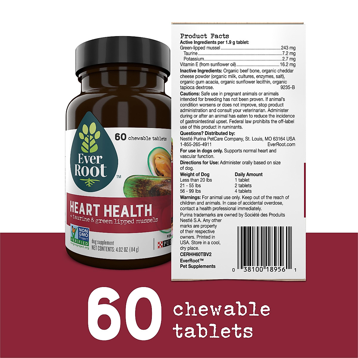 EverRoot Dog Heart Supplements Heart Health Chewable Tablets with Taurine and Green-Lipped Mussels - 4.02 oz. Canister