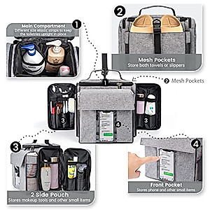 Shower Caddy Tote Bag, Portable Shower Caddy for College Dorm Travel, Separate Compartment, Large Capacity, Quick Dry Mesh Base, Hanging Toiletry Bath Bag (Grey)