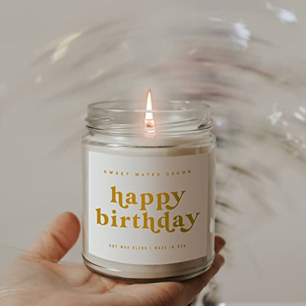 Sweet Water Decor, Happy Birthday in Gold Print, Vanilla, Sugar, and Buttered Rum Sweet Scented Soy Wax Candle for Home | 9oz Clear Jar, 40 Hour Burn Time, Made in the USA