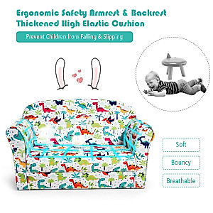 Costzon Kids Couch, Double Seat Children's Sofa w/Dinosaur Pattern, Comfortable Back, Easy to Move, Toddler Armrest Chair for Bedroom, Living Room, Soft Kids Sofa for Preschool Baby Boys Girls Gifts