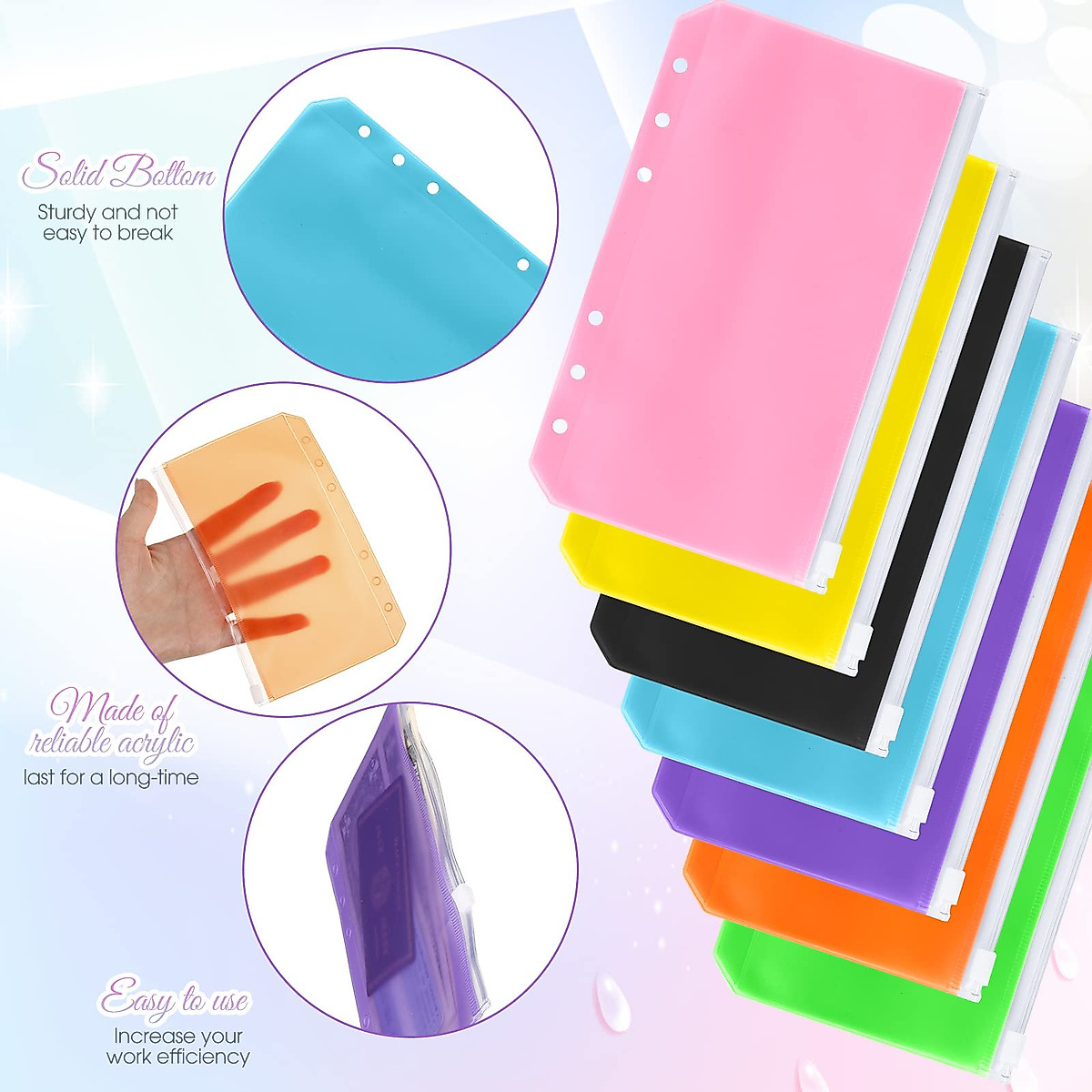 Sherr 84 Pcs A6 Binder Pockets Multicolor 6 Holes Budget Cash Envelopes with Zipper Waterproof A6 Planner Inserts Budget Binder Envelopes PVC Document Pouch Filing Bags for 6 Ring Binder Notebook