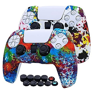 [2 Pack] Jusy Compatible with PS5 Controller Soft Silicone Skin, Sweat-Proof Dust-Proof Anti-Slip Case Cover Protective Accessories Set for PS5 DualSense Controller, with 10 Thumb Grips (Graffiti)
