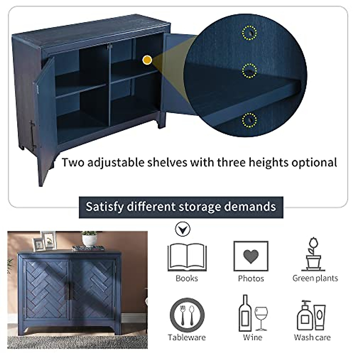 XD Designs Wood Console Table Sofa with 2 Adjustable Shelf, Modern Sideboard Buffet Storage Cabinet, Accent Cabinet for Entryway/Kitchen Dining Room/Living Room (Antique Blue-A) Blue-5)