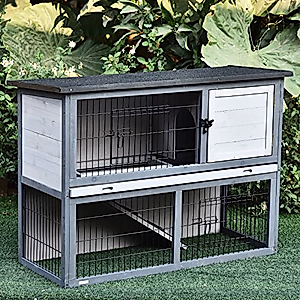 PawHut 43" L Wooden Rabbit Hutch Bunny Cage Small Animal House Enclosure with Ramp, Removable Tray and Weatherproof Roof for Outdoor, Grey