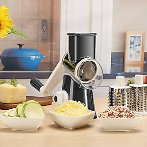 Rotary Cheese Grater Cheese Shredder - Cambom Kitchen Manual Cheese Grater with Handle Vegetable Slicer Nuts Grinder 3 Replaceable Drum Blades and Strong Suction Base Free Cleaning Brush