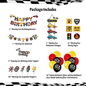 PRATYUS Race Car Birthday Decorations for Kids Boys Let's go Racing Party Supplies With Banner, Welcome Hanger, Car Party Signs, Cake Topper and Checkered Balloons