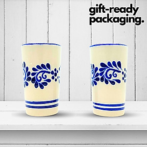Casa Fiesta Designs Mexican Shot Glasses, Hand-painted in Mexico - Great for Tequila, Mezcal and Sangrita, 2 oz set of 2 - Tequilero Classic Blue Flores Lineas Abajo