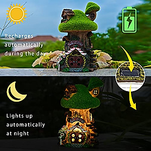 ASAWASA Fairy Houses for Gardens with Solar LED Light,Indoor Outdoor Décor Garden Lighting Figurines for Patio Lawn Yard(Flocked Mushroom House)