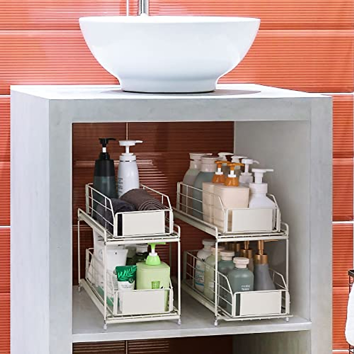 CADUKE 2-Tier Under Sink Cabinet Organizer with Sliding Basket Drawer, Bathroom Under Sink Storage Set of 2 Under Cabinet Organizers and Storage Pull Out, White Mesh Metal