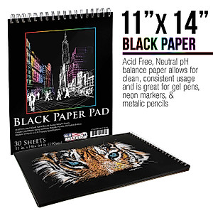 U.S. Art Supply 11" x 14" Premium Black Heavyweight Paper Sketch Pad, Pack of 2, 30 Sheets Each, 64lb (140gsm) - Spiral Bound Artist Drawing Paper - Colored Pencils, Gel Pens, Oil Pastels