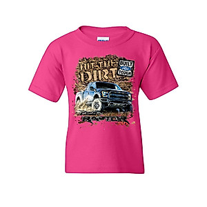 Hit The Dirt Built Ford Tough Youth T-Shirt F-150 Raptor Pickup Truck Kids Tee Hot Pink Medium