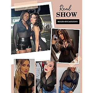 Avidlove Women Long Sleeves Bodysuit Top Sexy Mesh Sheer See Through Zipper Leotard with Snap Crotch Black XXL