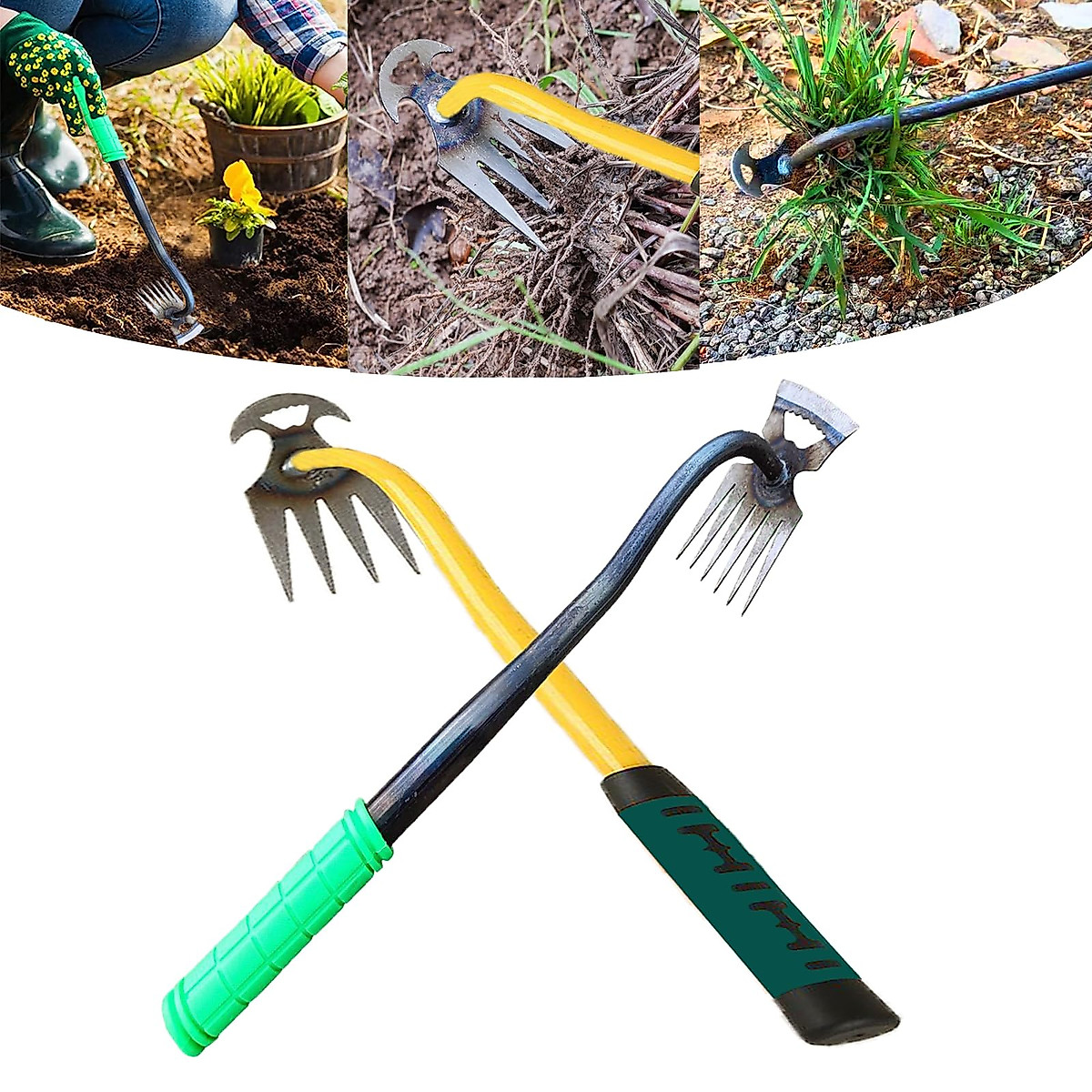 2Pcs Artifact Uprooting Weeding Tool, All Steel Hardened 2 in 1 Hollow Hoe and Rake, Heavy Duty Garden Rake Weeding Tools, Hand Hoe Gardening Weeder Tool Weed Puller for Backyard Weeding Loosening