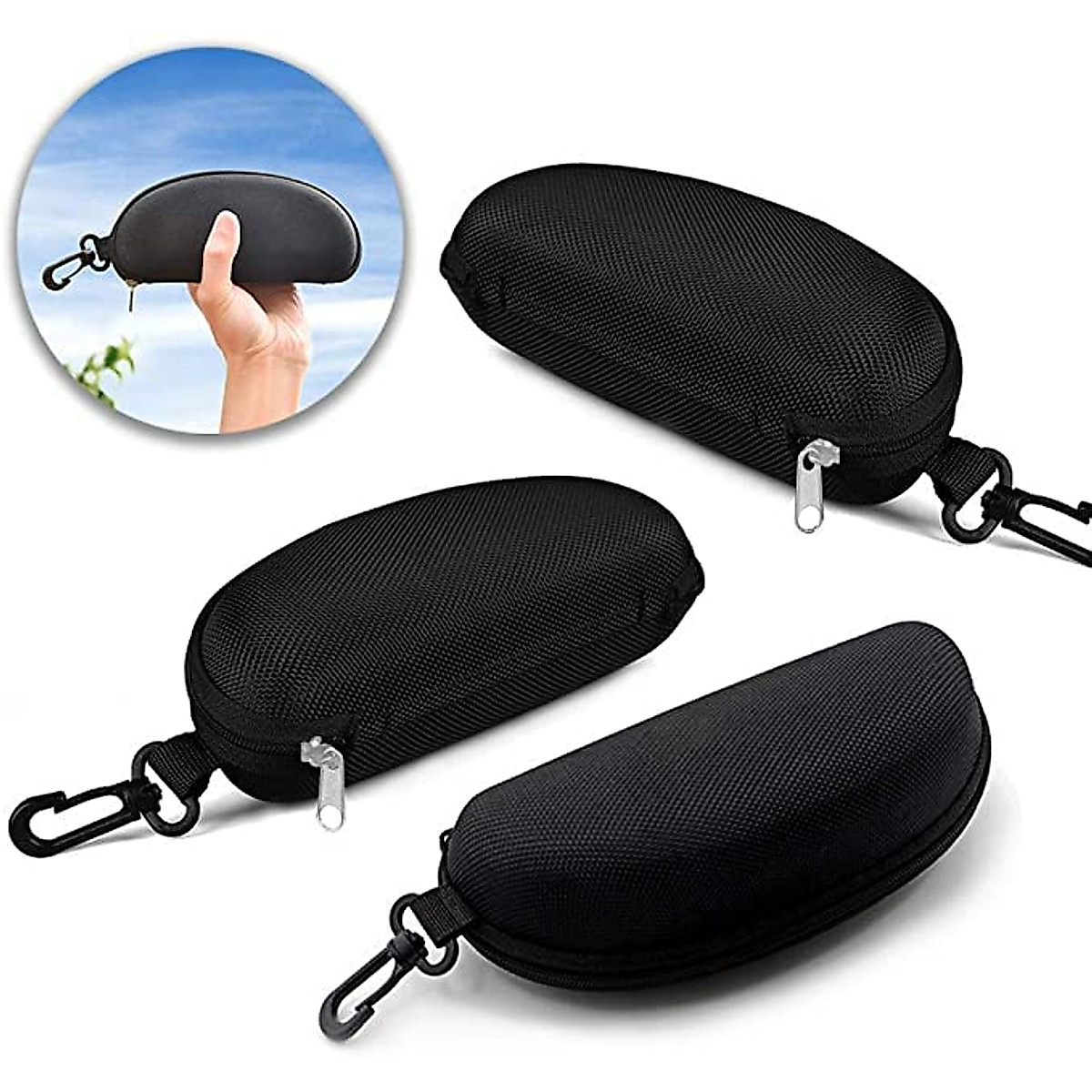 alladaga 3 Pack Zipper Shell Eyeglasses and Sunglasses Case with Plastic Carabiner Hook (Black)
