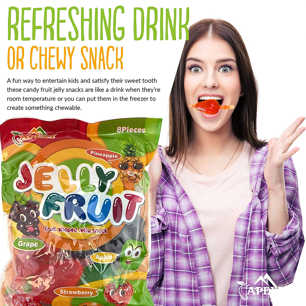 Apexy Jelly Fruit, Tiktok Candy Trend Items, Tik Tok Hit or Miss Challenge, Assorted Fruit Shaped Jelly, Strawberry, Mango, Apple, Pineapple, Grape. 9.87oz.