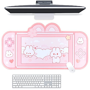 BelugaDesign Bunny Desk Pad | NS Switch Keyboard Gaming Mat Large Mat Mousepad | Pastel Pink Easter Animal Kawaii Cute Anime Desk Blotter Protector (Pink Rabbit, Large)