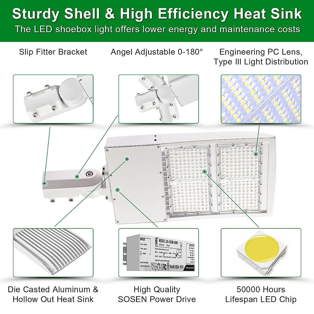 OSTEK 300W 480V White LED Shoebox Parking Lot Lights 42000LM- LED Street Pole Lights Fixture Flood Light IP65 Waterproof Commercial Outdoor Area Lighting ​for Stadium Roadway 5000K 200-480V DLC UL