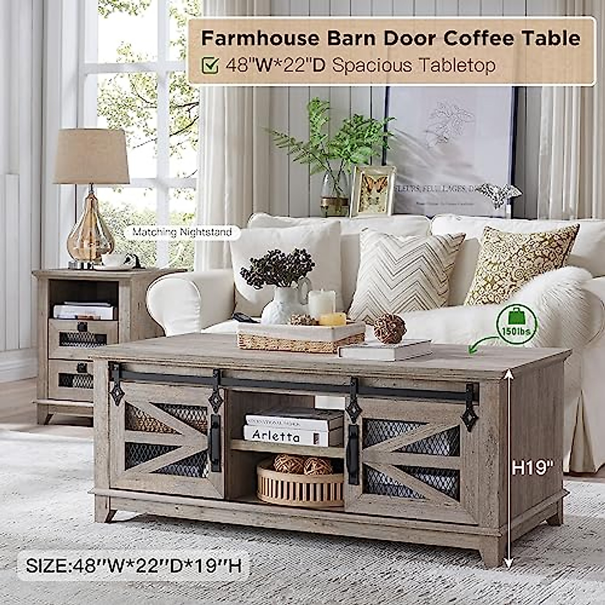 OKD 48'' Coffee Table with Storage & Sliding Barn Doors, Farmhouse & Industrial Cocktail Table w/Adjustable Shelves, Rectangular Rustic Living Room Table for Living Meeting Room, Light Rustic Oak