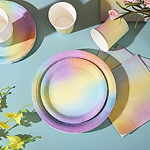 Gudvilla 200Pcs Pastel Plates Rainbow Birthday Paper Plates Decorations Party Supplies Disposable Paper Plates and Napkins Cups for Baby Showers Bridal Party Wedding,Serves 50