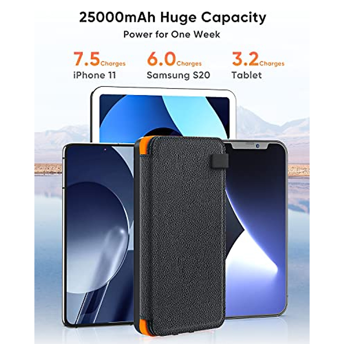 Hiluckey Solar Charger 25000mAh, Outdoor USB C Portable Power Bank with 4 Solar Panels, 3A Fast Charge External Battery Pack with 3 USB Outputs Compatible with Smartphones, Tablets, etc.