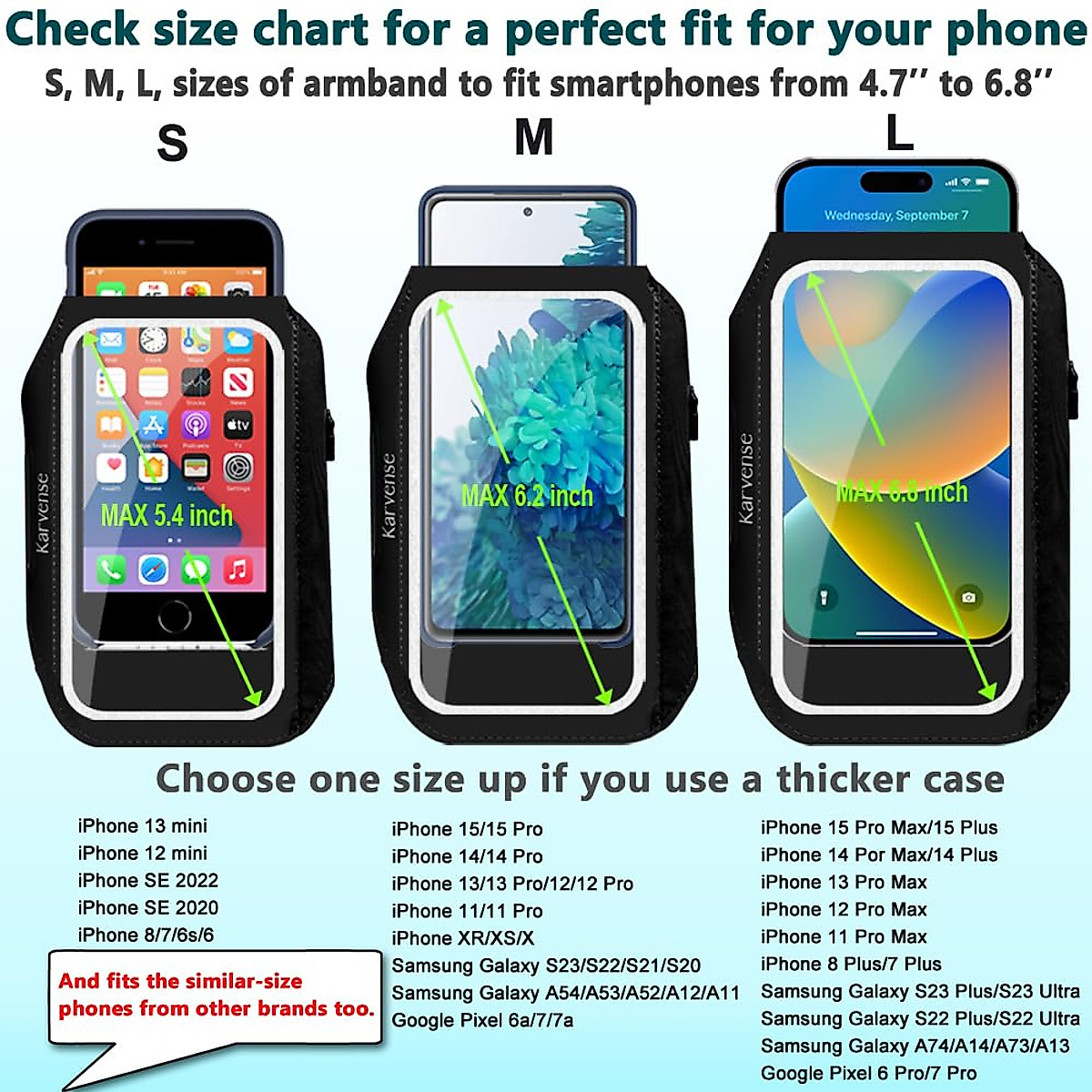 Karvense Running Phone Holder, Arm Band for Running for iPhone & Samsung Galaxy, Cell Phone Armband Holder for Walking, Gym, Workout, Men, Women, w/Adjustable Strap & Zipper Pocket (Black-L)