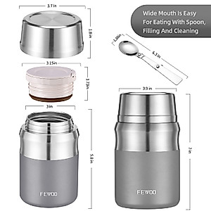 FEWOO Thermos for Hot Food, Vacuum Insulated Soup Containers, 24oz Stainless Steel Lunch Box for Kids Adults, Thermal Food Jar for School Office Travel (Silver)
