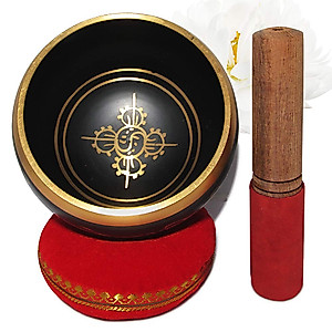 3"x5" Om Maa Padme Black & Gold Painted Tibetan Handmade Buddhist Singing Bowl Set & Wooden Striker, Great For Mindfulness Meditation, Relaxation Anxiety Relief, Chakra Healing, Perfect Spiritual Gift