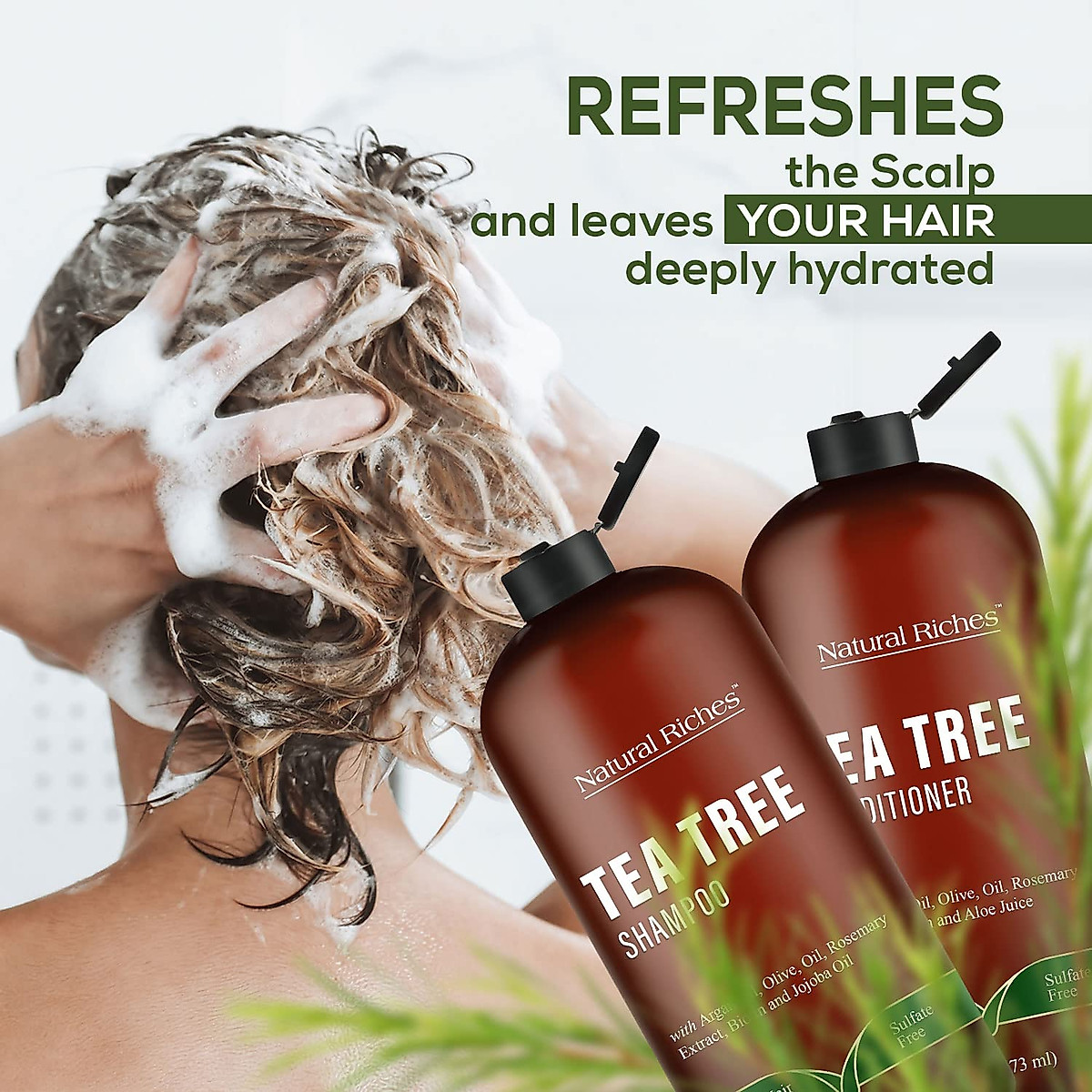 Natural Riches Refreshing Women's and Men's Shampoo and Conditioner Set - With Pure Tea Tree Oil, Boosts Shine, Tames Frizz, Sulfate-Free, Good for Dry, Itchy Scalp