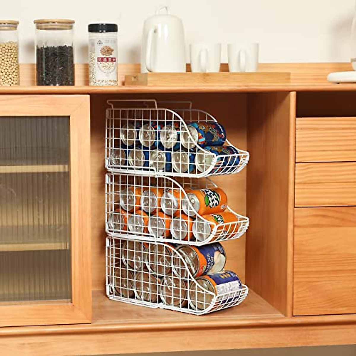 Stackable Pantry Can Dispenser Baskets 3-Pack, Standing Beverage Drink Pop Soda Can Storage Organizer Bin with Handles, Foldable Canned Food Holder for Kitchen Countertop Cabinet