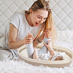 YECELINST Baby Changing Basket, Handmade Woven Cotton Rope Moses Basket for Babies Changing Basket, with Thick Foam Pad and Removable Waterproof Mattress Cotton Pad, Changing Table Topper for Dresser