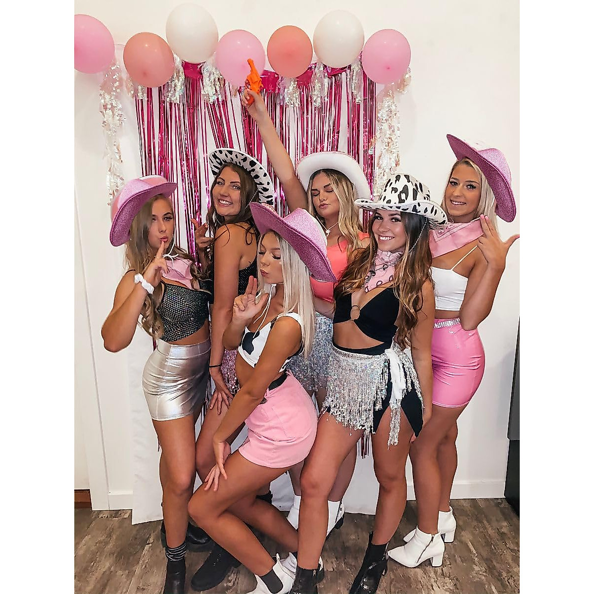 Bazion 4Pcs Pink Cowgirl Hat Heart Sunglasses Bandana Sheriff Badge Glitter Sparkly Cowboy Hat Bachelor Party Halloween Costume (Pink4pcs)