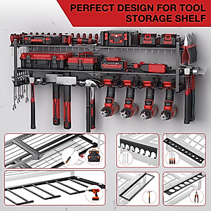 Power Tool Organizer, 8 Drill Holder Wall Mount, Tool Organizer and Storage Rack for Garage Organization, Heavy Duty Metal Tool Organizer and Battery Shelf with Hooks/Screwdriver/Plier/Hammer