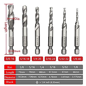 Saiper 6pcs Drill Tap Combination Bit Set (1/8''-3/8'') with 1/4" Hex Shank, HSS 4341 Drill Tap Countersink Screw Thread Bits