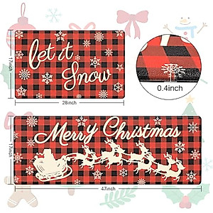 Ileading Buffalo Plaid Merry Christmas Kitchen Mats Set of 2 Let It Snow Anti Fatigue Kitchen Mats for Floor Snowflake Winter Holiday Area Rug Cushioned Standing Desk Mat for Home Kitchen Floor