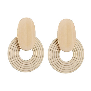 STWTR Women's Natural Wood Earrings Variety of Fashion Earrings Love Minimalist Retro Earring Set Natural Wood Hollow Round Earrings Arc