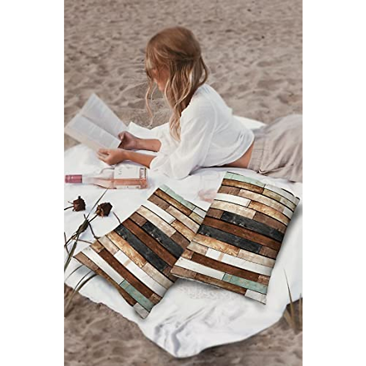 Waterproof Outdoor Throw Pillow Cover Farmhouse Rustic Wood Lumbar Pillowcases Set of 2 Brow Grunge Planks Barn Hardwood Decorative Patio Furniture Pillows for Couch Garden 20 x 12 Inches